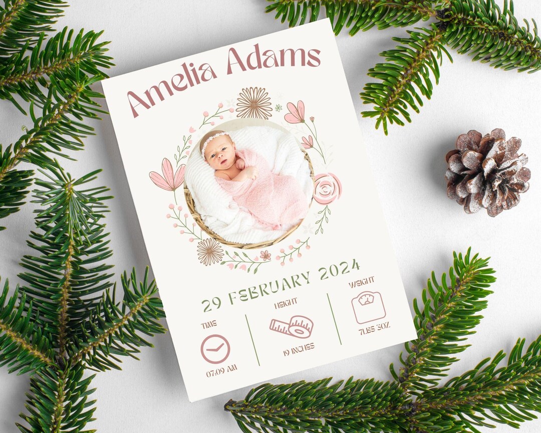 Editable Newborn Floral Card - Customizable Canva Template - Instant ...