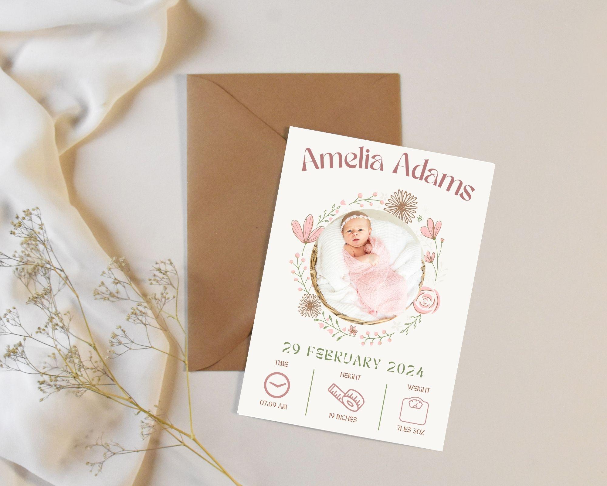 Editable Newborn Floral Card - Customizable Canva Template - Instant ...