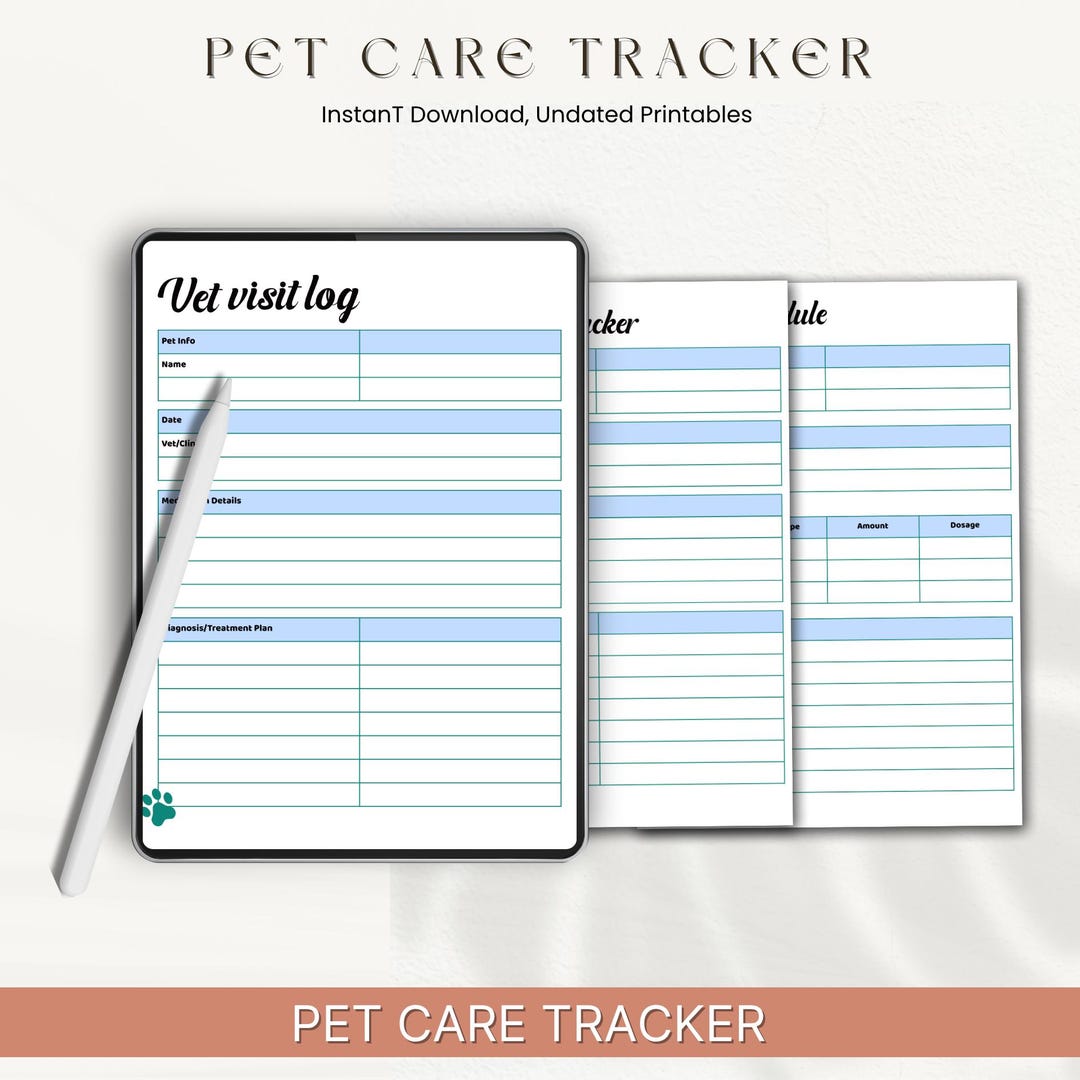 Pet Care Tracker Printable | Vet Log, Medication, Feeding (A4 & US ...