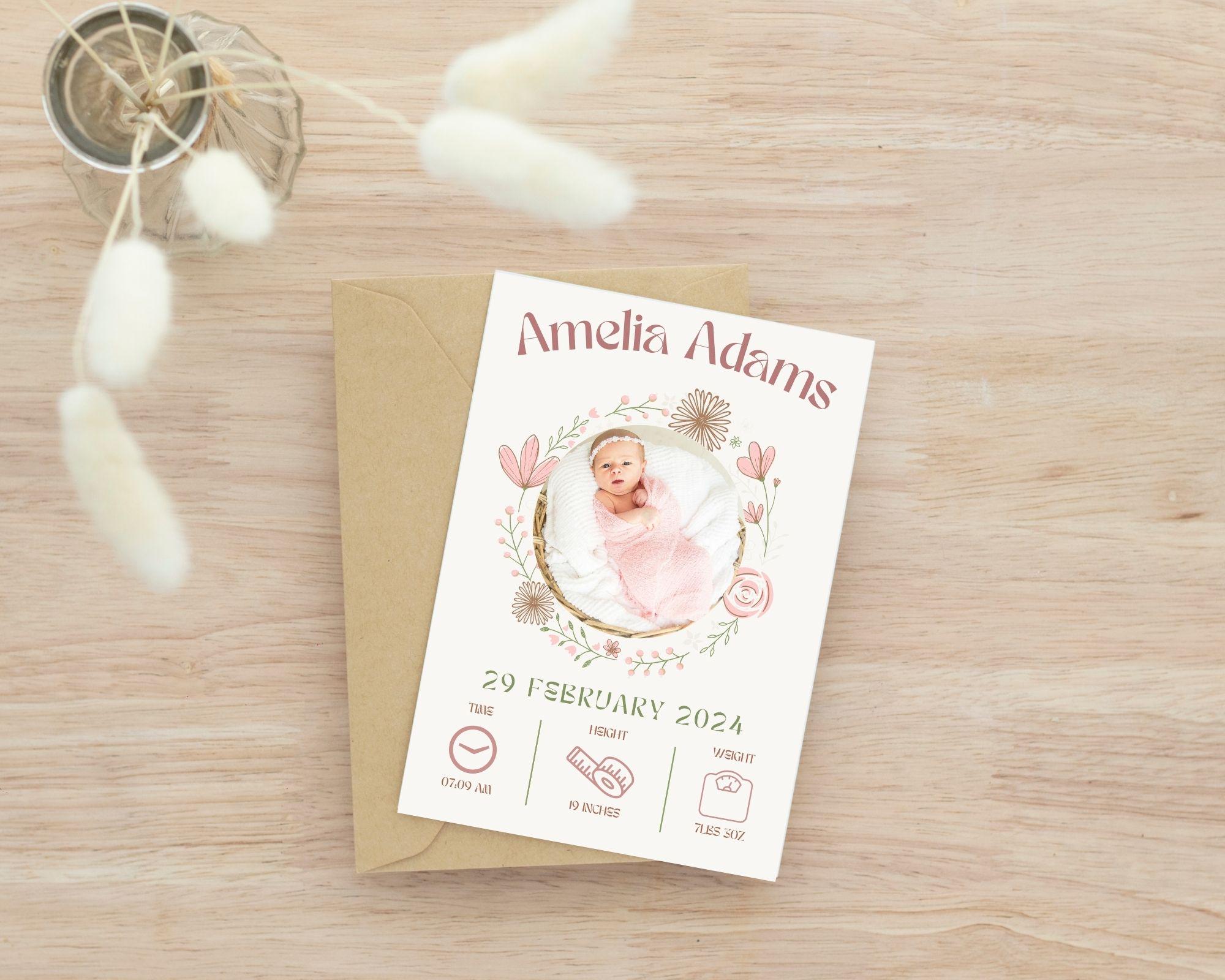 Editable Newborn Floral Card - Customizable Canva Template - Instant ...
