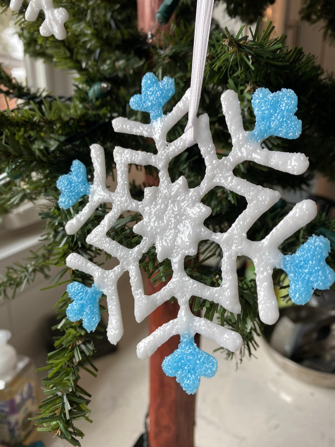 White Snowy Glass Snowflake With Blue Tips - Etsy