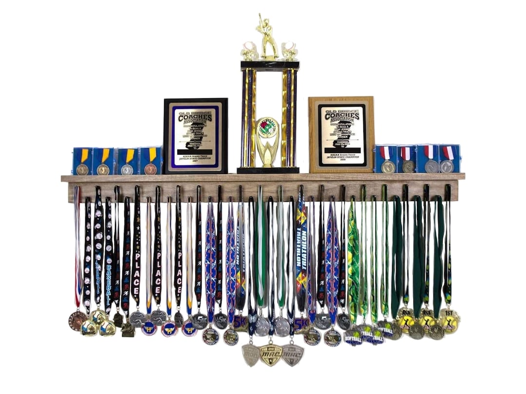Solid Wood Medal Hanger & Trophy Shelf: Patented Sports Award Display ...