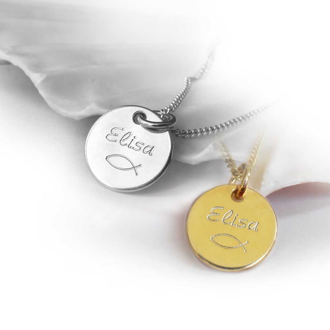 Dainty Engraved Necklace, Your Name and Ichthys Christian Fish, 925 ...