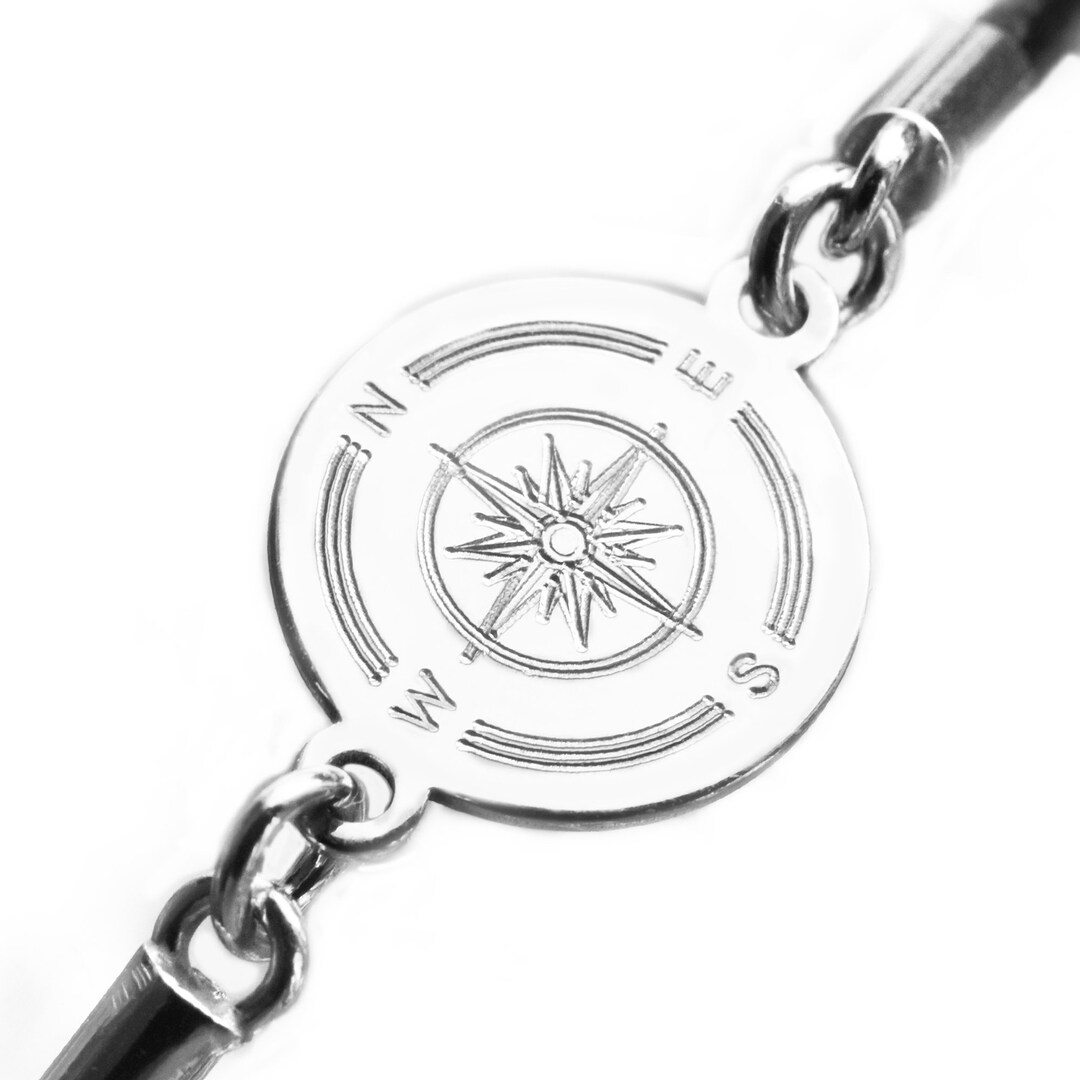 Engraved Compass Bracelet, 925 Silver, Round Disc, Compass Rose, Black ...