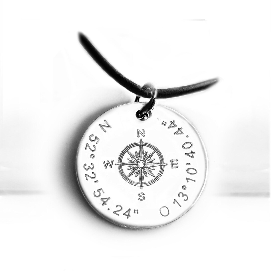 Compass Necklace, Engraved Round Silver Pendant With Leather Cord ...