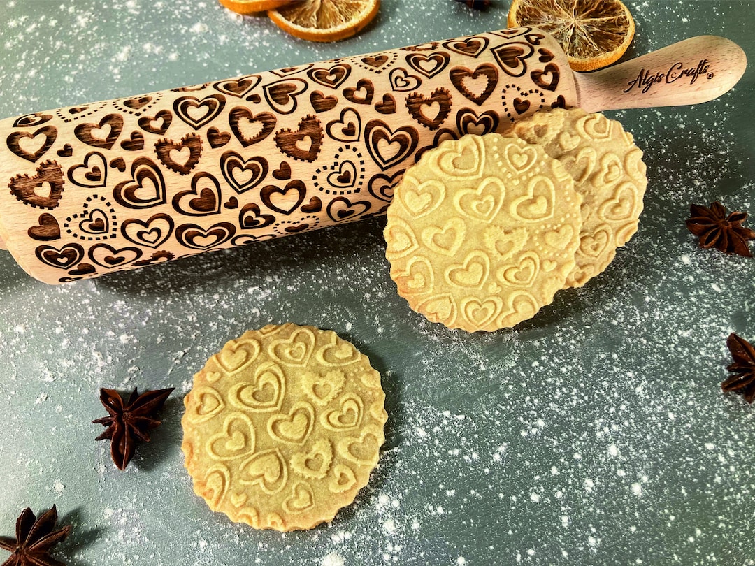 Rolling Pin HEARTS. Laser Engraved Embossed Dough Roller With Lovely ...