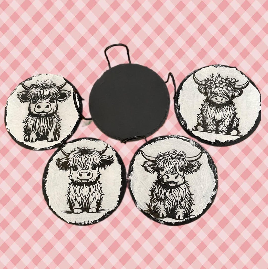 Highland Cows Coasters Slate Coaster Set With Holder Set of 4, 4”x4 ...