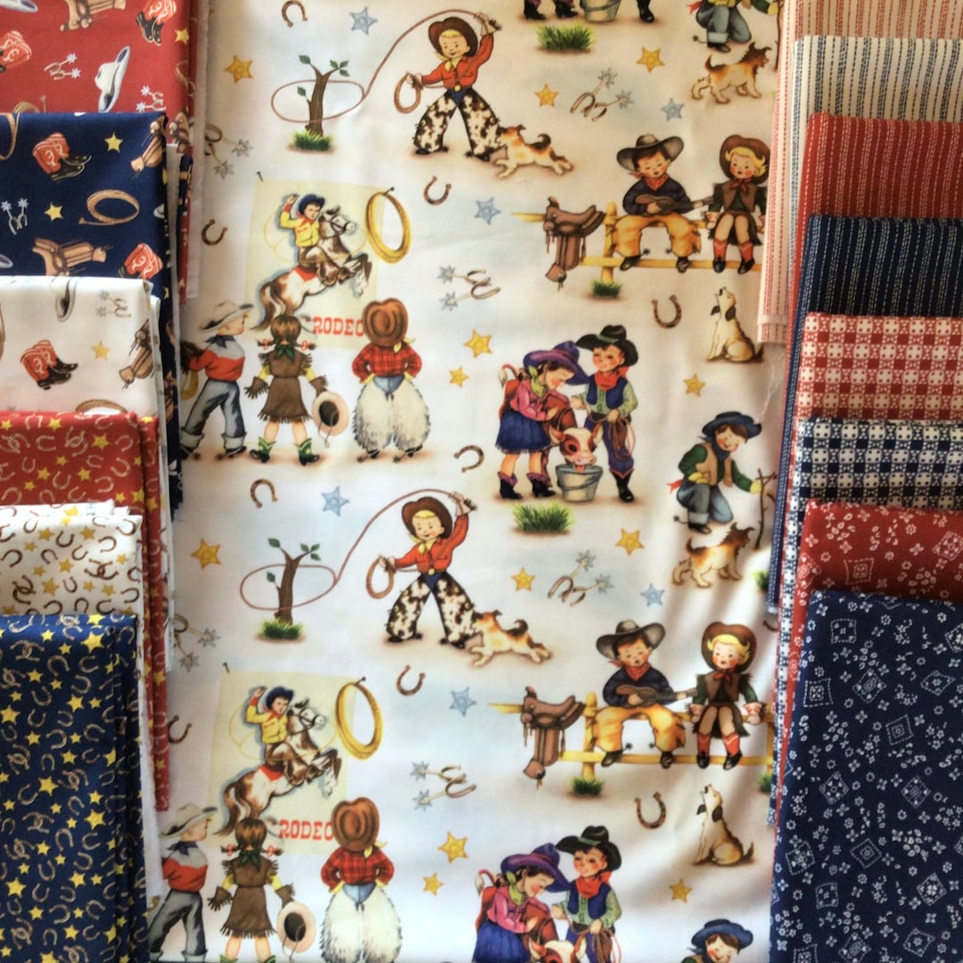 Kids Cowboy Fabric 100% Cotton Country Rodeo Multi Home on the Range by ...