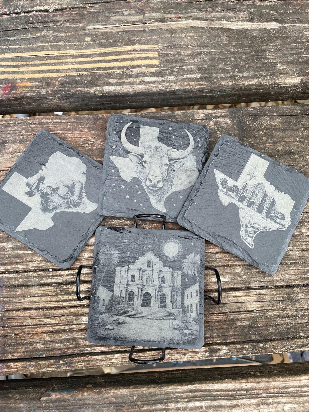 Texas Coasters, Set With Western Slate Coasters, Set of 4, 4”x4” Laser ...