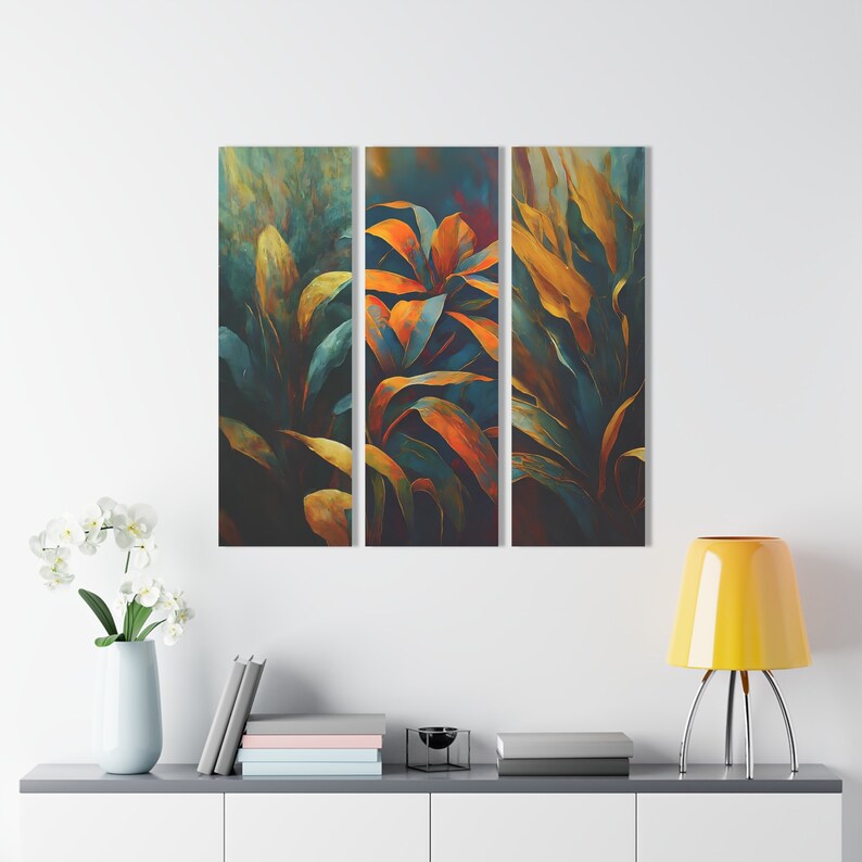 Dark Botanical Triptych, Acrylic Wall Art, Tropical Jungle Aesthetic, Chic Biophilic Design ...