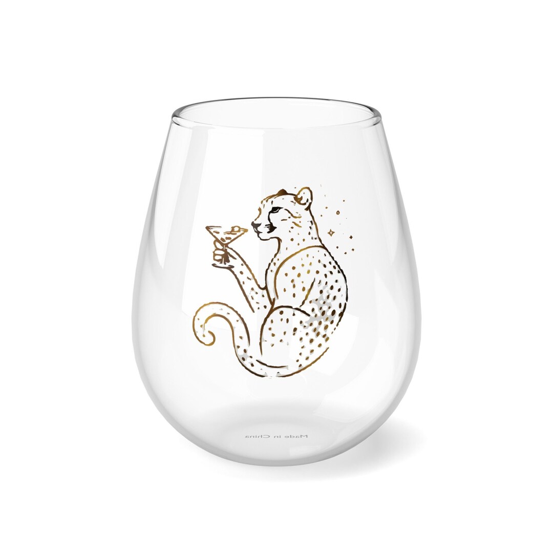 Leopard Wine Glass, Stemless Wine Glass, Cheetah With Martini, Playful ...