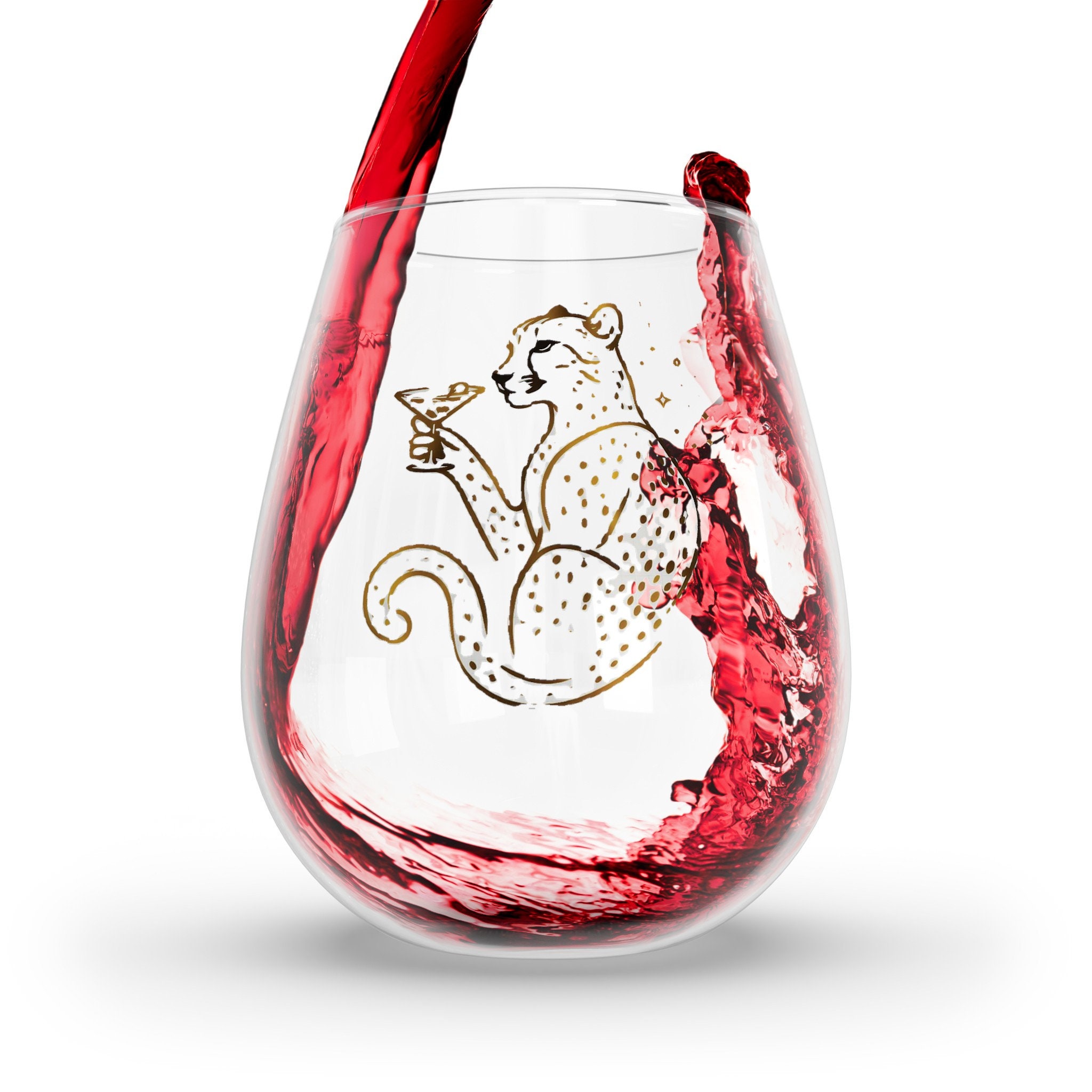 Leopard Wine Glass, Stemless Wine Glass, Cheetah With Martini, Playful ...
