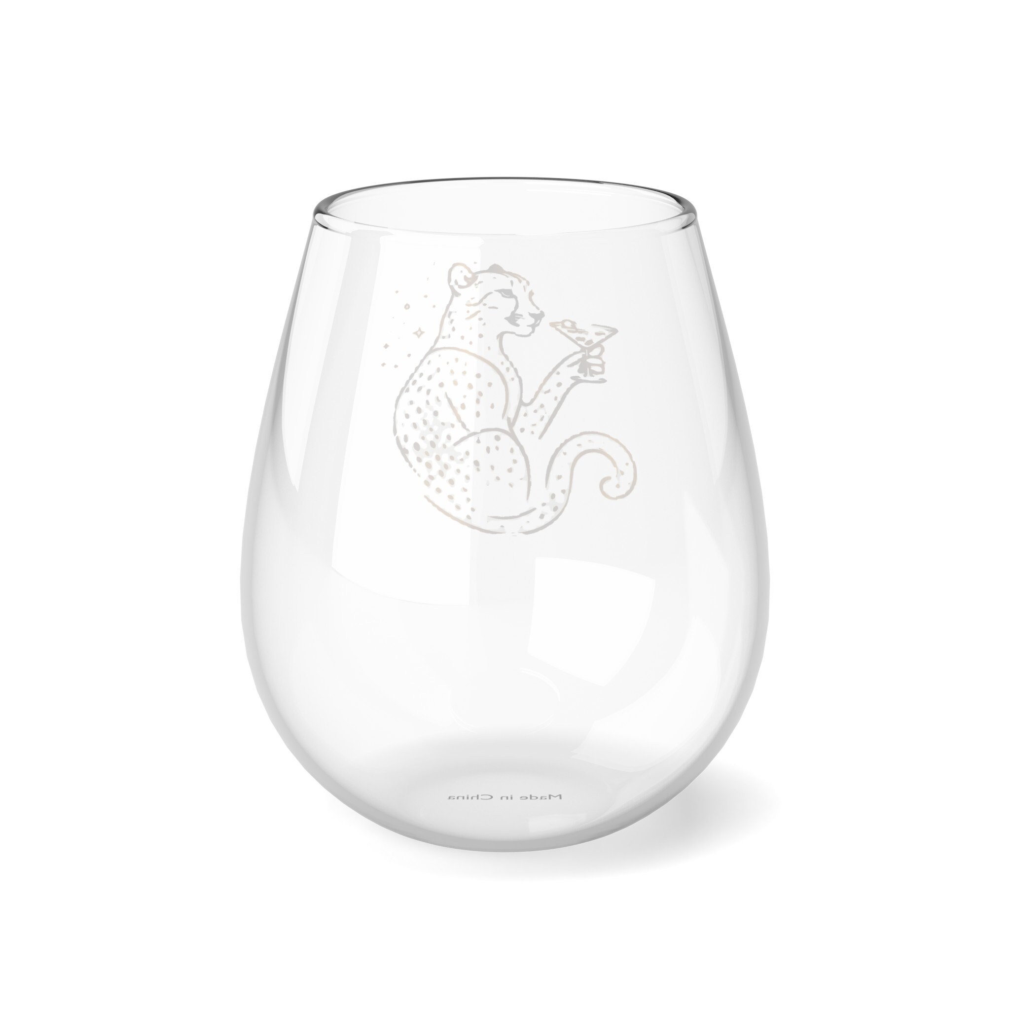 Leopard Wine Glass, Stemless Wine Glass, Cheetah With Martini, Playful ...