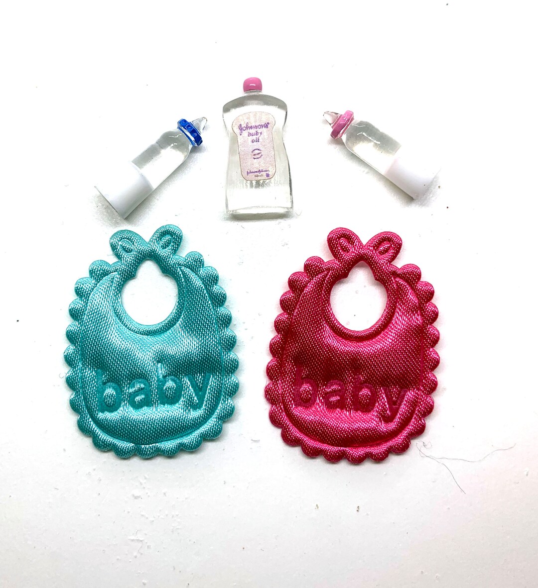 NEW Miniature Baby Set of 5 Lotion Bottles Bibs Dollhouse Baby Home ...