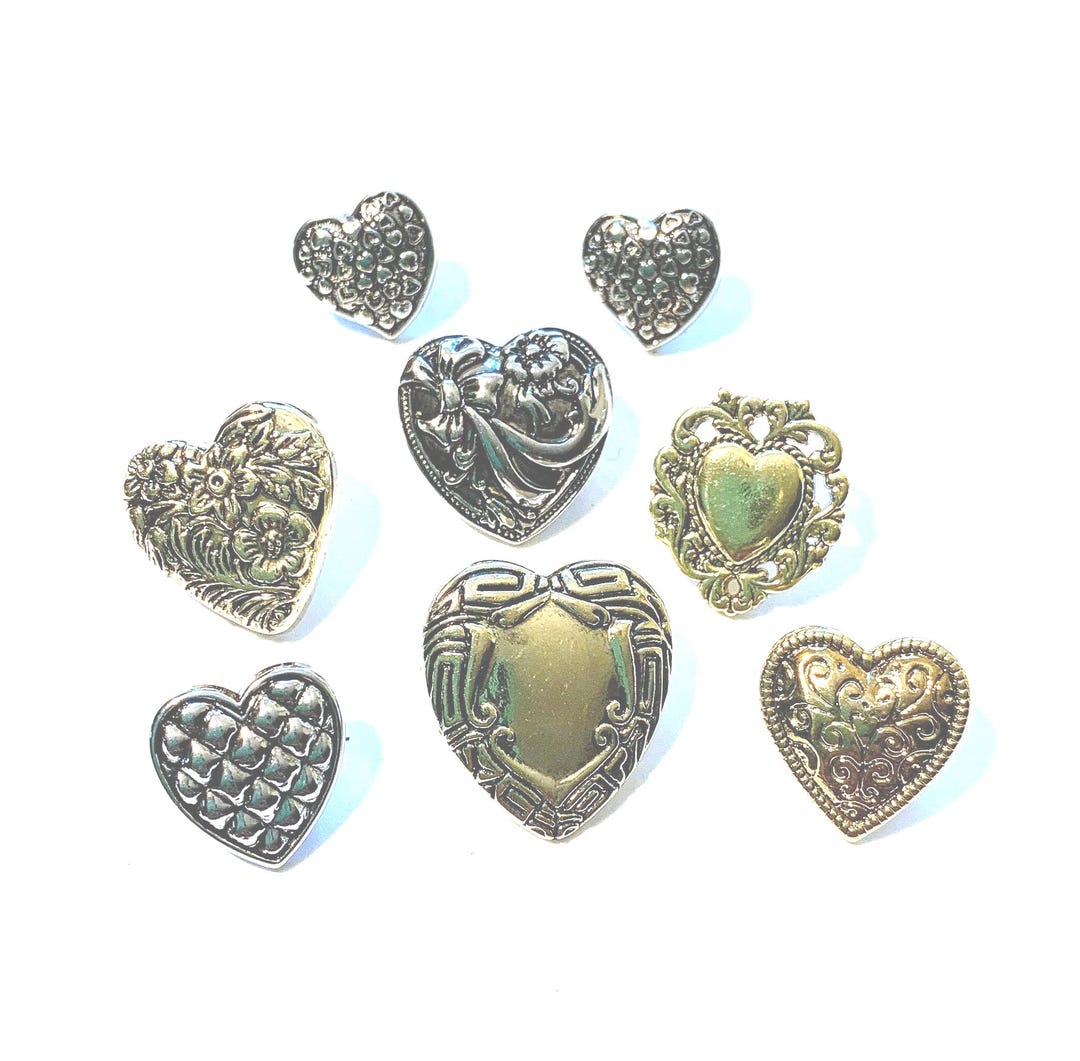 Fancy Valentine Heart Buttons Galore Collection Silver Gold Shank Flat ...