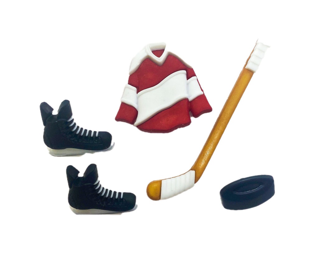 Hockey Player Button Collection Jersey Stick Skates & Puck Shank Back ...
