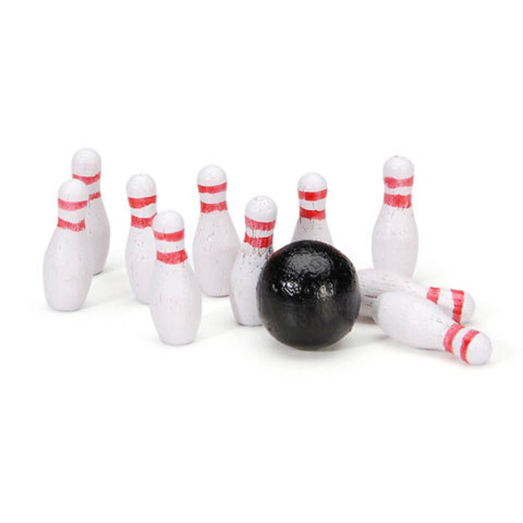 Miniature Bowling Collection Ball Pins Set of 11 Dollhouse Sports Home ...