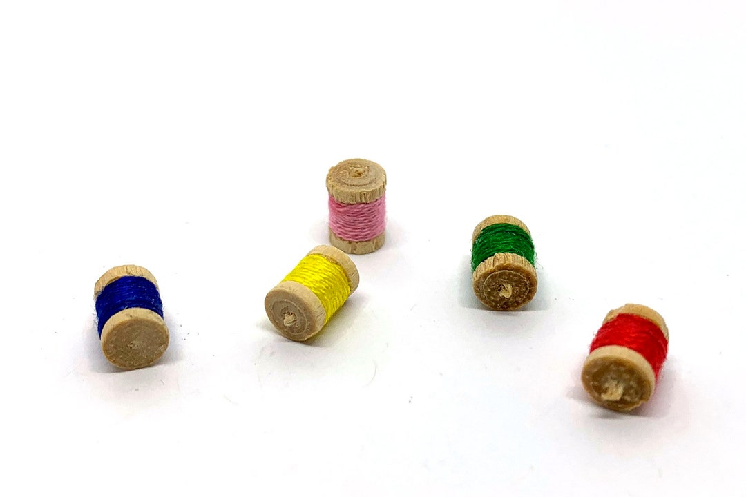 Miniature Wood Thread Spools Collection Set of 5 Dollhouse Sewing Home ...