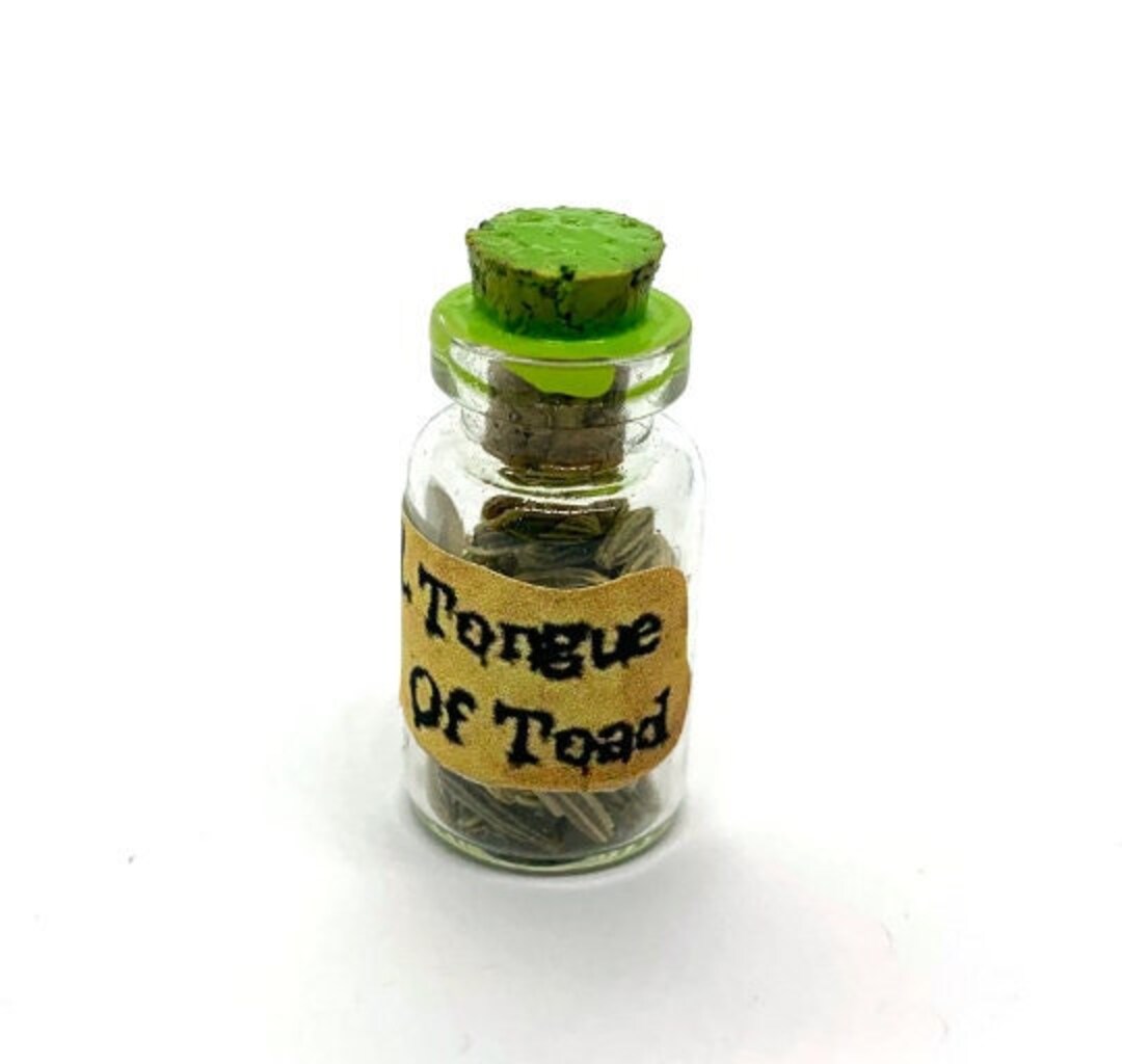 Miniature Halloween Witch TONGUE OF TOAD Potion Jar Green Cork Lid Set ...