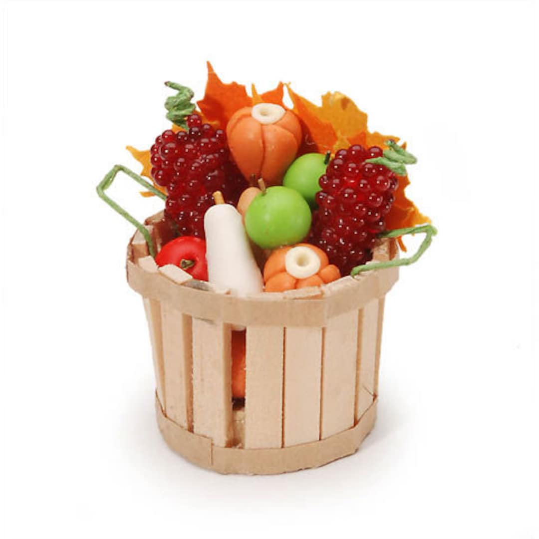 Miniature Vegetables Fruits Bushel Basket Wood Slates Dollhouse Food ...