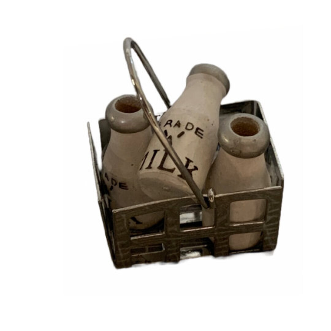 NEW Miniature Milk Bottles & Silver Wire Basket Collection Set of 4 ...