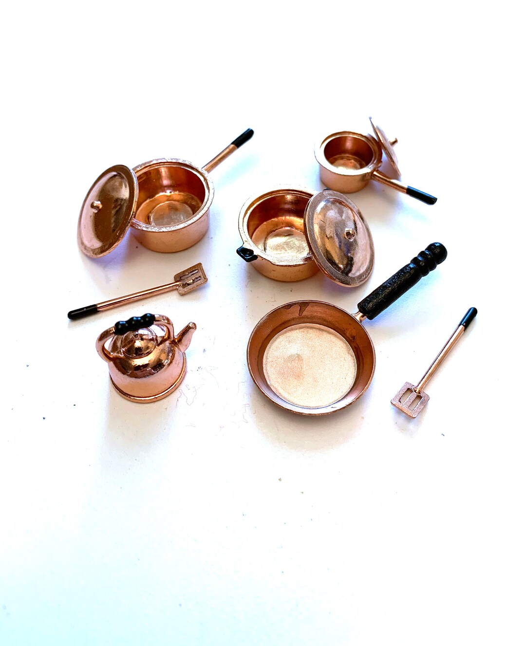 Miniature Copper Metal Cookware Collection Utensils Set of 10 Dollhouse ...