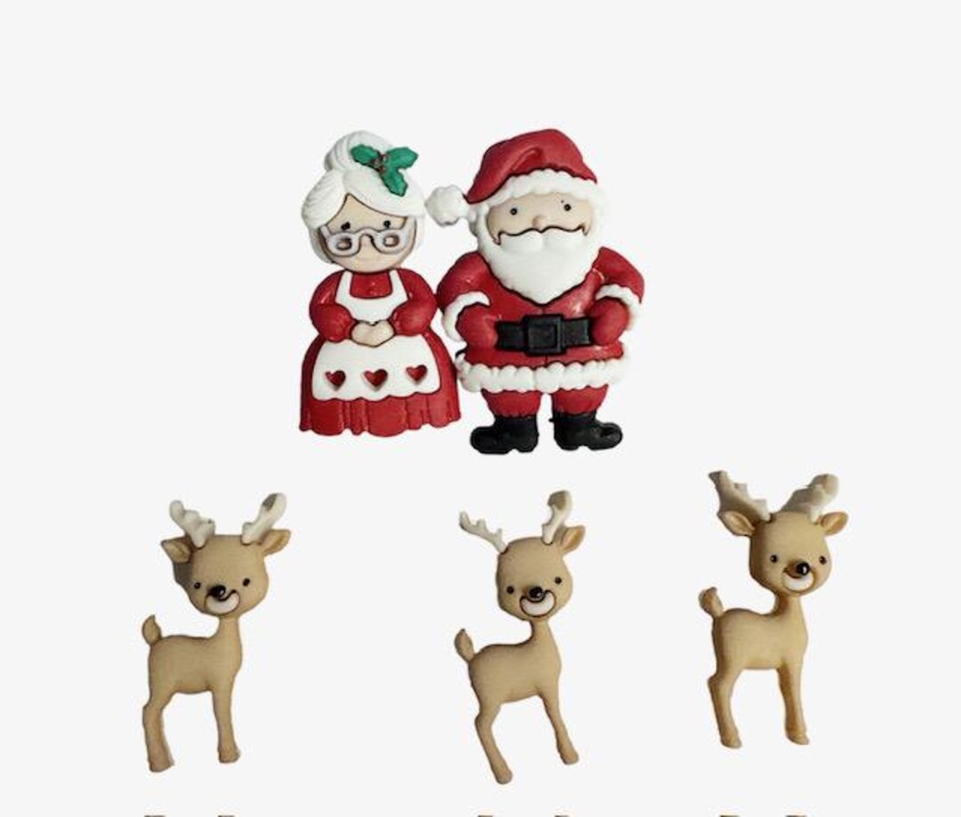 New Santa and Mrs Claus Buttons Collection Reindeer Set of 5 Shank Back ...