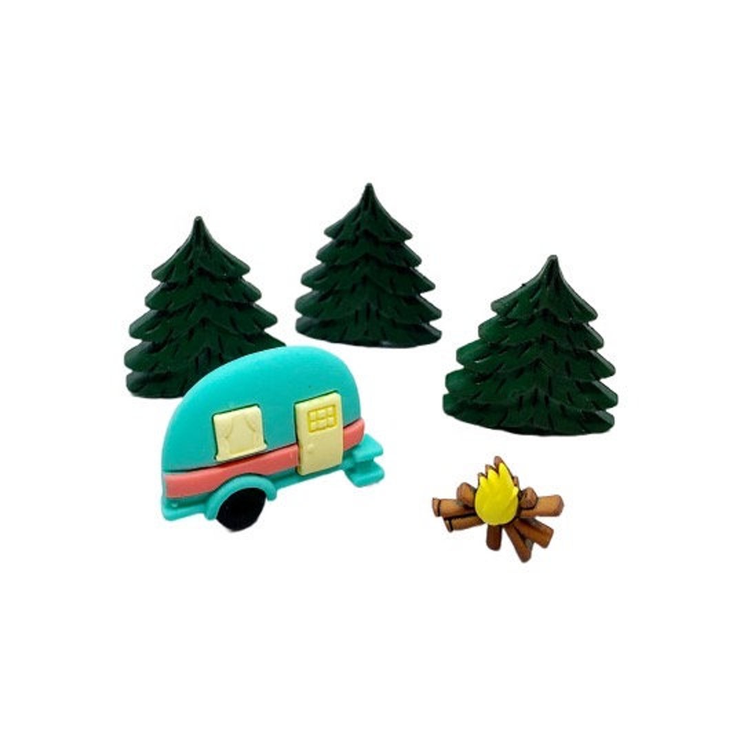 Camping Buttons Collection Set of 5 Trees Shank & Camper Campfire Flat ...