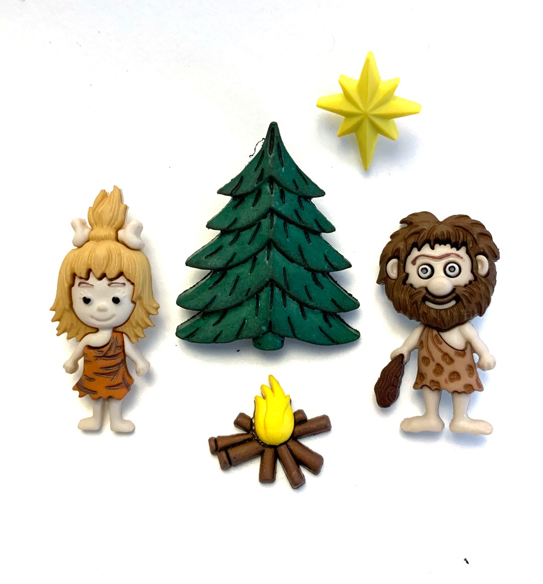 Stone Age Buttons Collection Cartoon Cave Man Woman Campfire Set of 5 ...