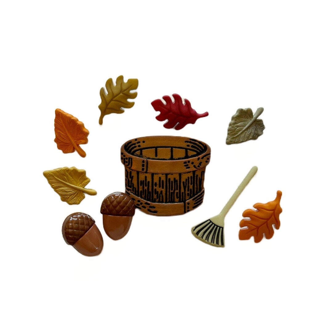 Autumn Buttons Galore Collection Fall Clean up Leaf Acorn Rake Barrel ...