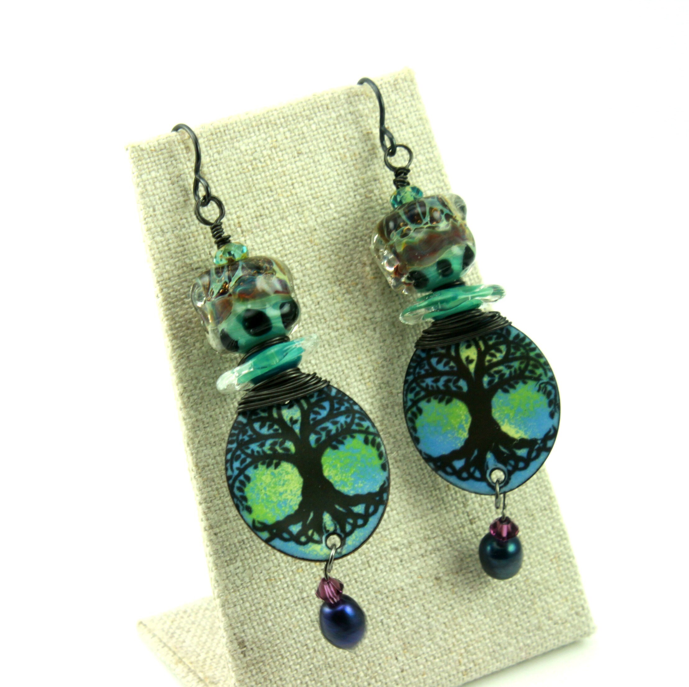 1473, Boho Hippie Blue Green Earrings, Tree of Life Enameled Earrings ...