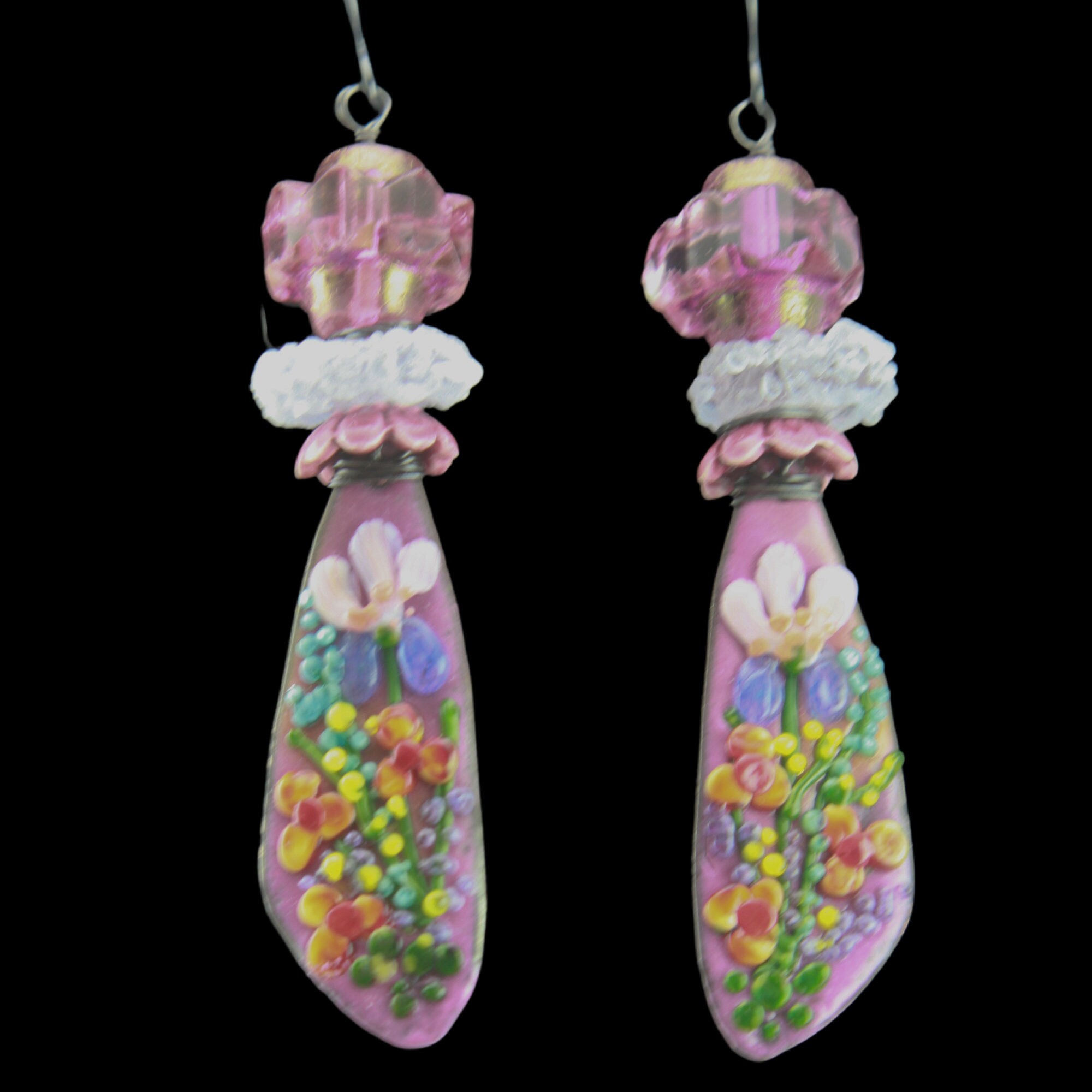 1729, Boho Pink Floral Glass Enameled Earrings, Pink Earrings, USA Made ...