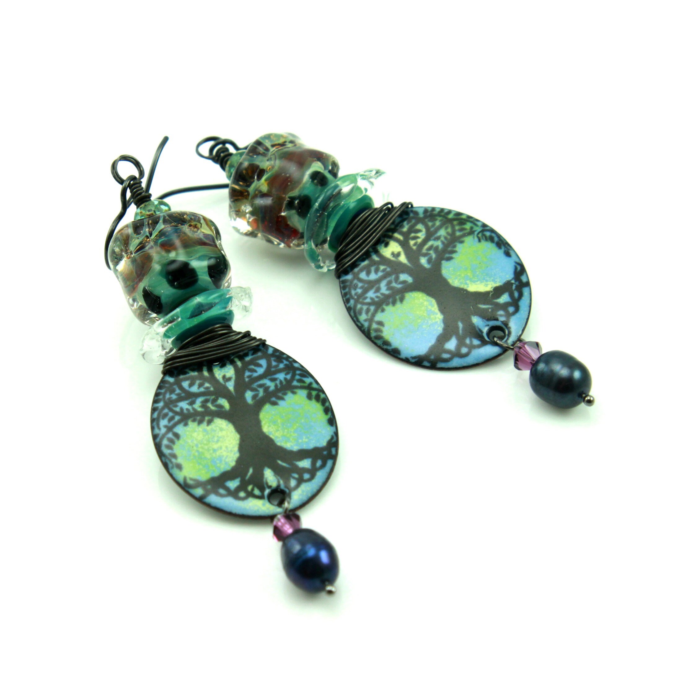 1473, Boho Hippie Blue Green Earrings, Tree of Life Enameled Earrings ...