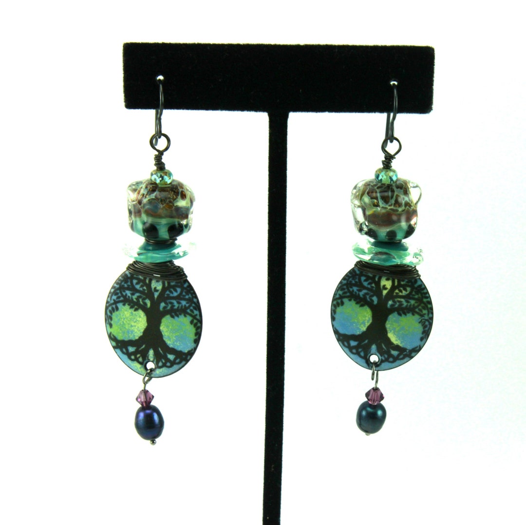 1473, Boho Hippie Blue Green Earrings, Tree of Life Enameled Earrings ...