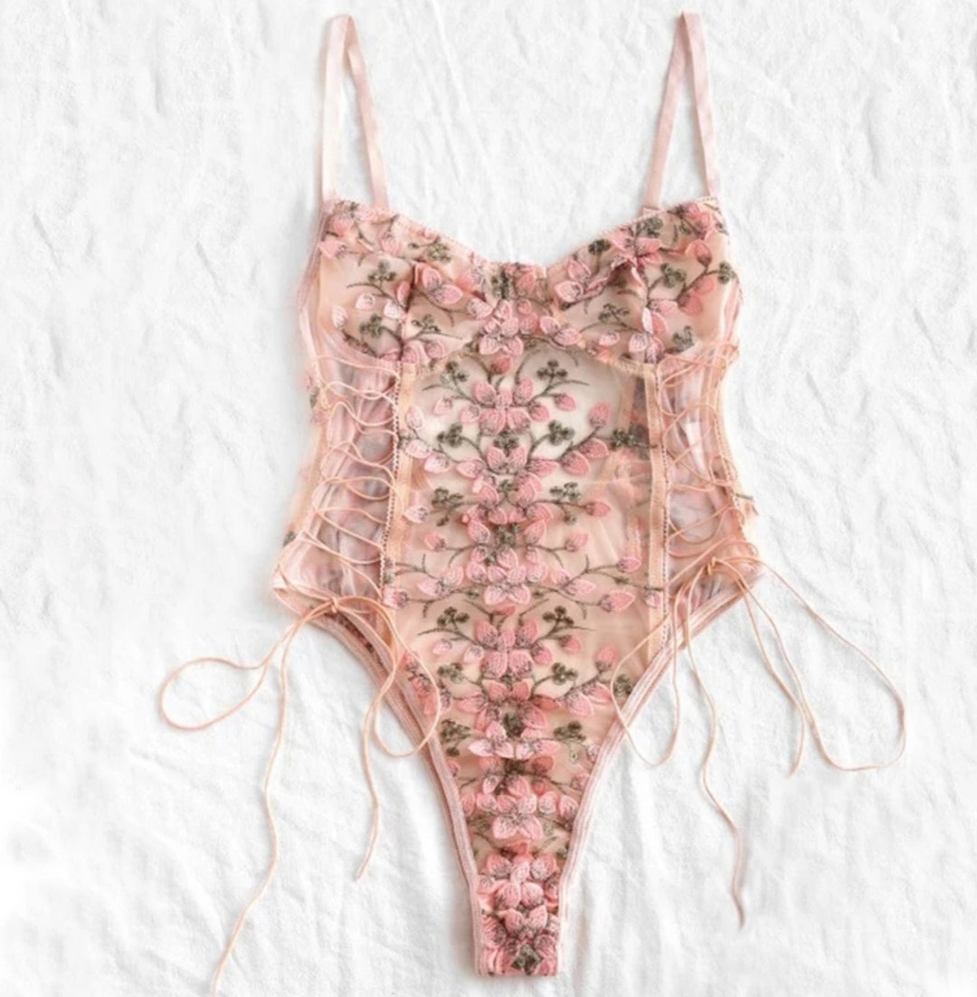 Pink Teddy Sexy Lingerie Sleepwear Spandex Flowers Medium G4 - Etsy