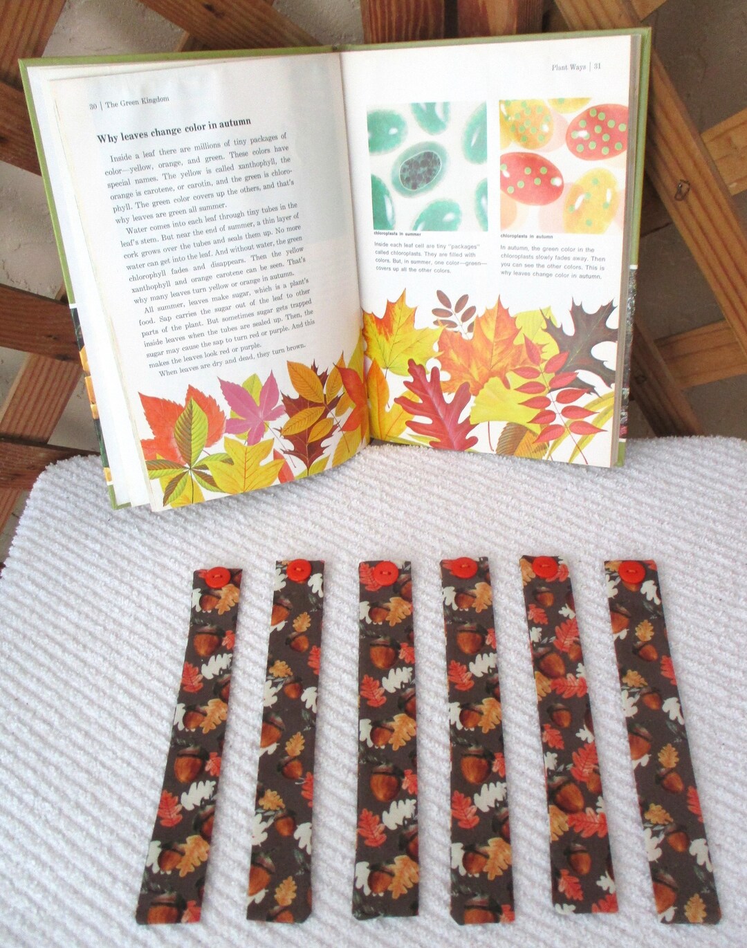 BOOKMARKS~AUTUMN Designs~pumpkins~autumn Leaves~fabric & Button~set of ...