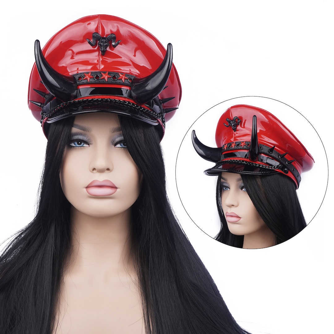 DEVIL HORNS CAP Faux Leather Horned Hat Gothic Goth Punkrock Horns ...