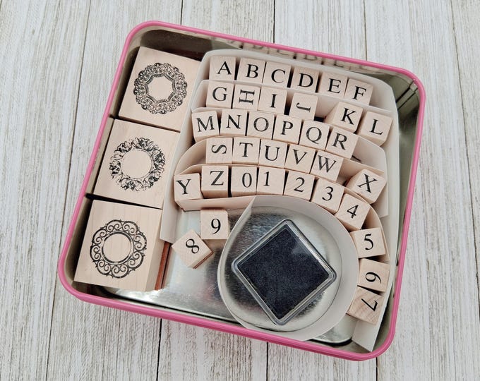 2nd Hand Alphabet and Numbers Stamp With Mini Black Ink Pad Wooden ...