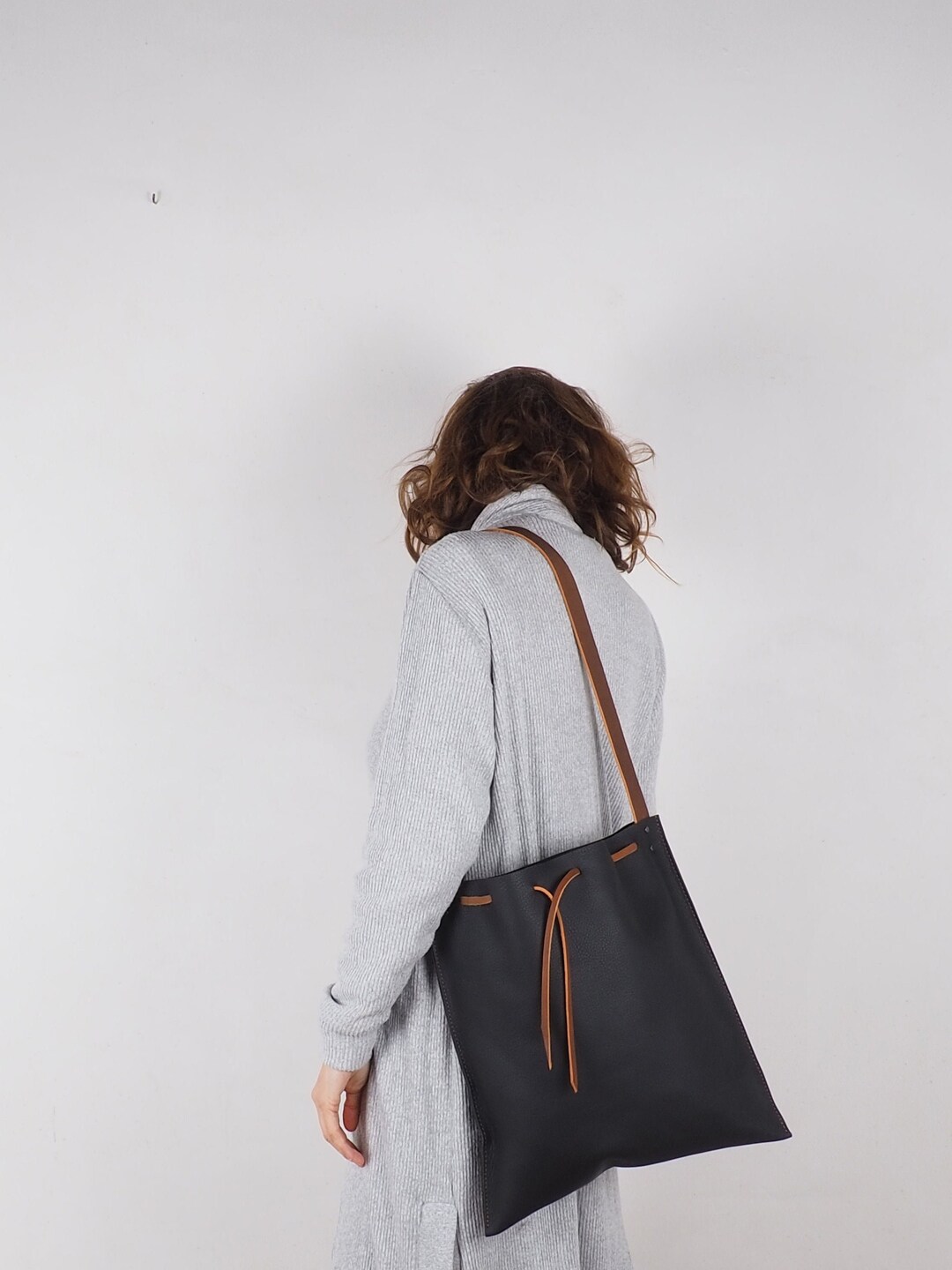 Black Leather Large Shoulder Bag, Black Shopper Bag, Handcraft Large ...