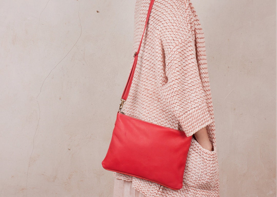 Small Red Leather Bag, Soft Leather Crossbody Bag, Coral Crossbody ...