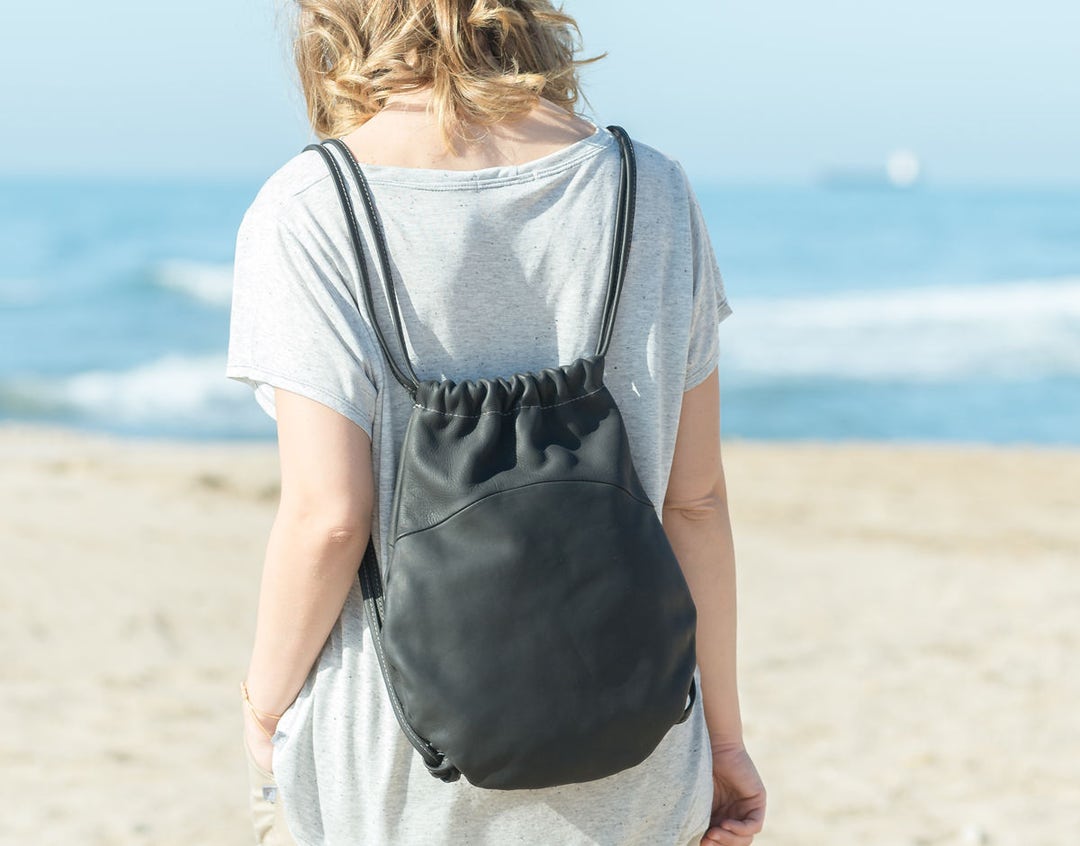 Leather Backpack, Drawstring Backpack, Women Backpack Black, Leather ...
