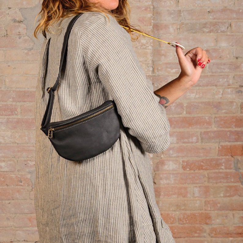 Small Leather Fanny Pack for Women, Black Leather Waist Bag, Black ...