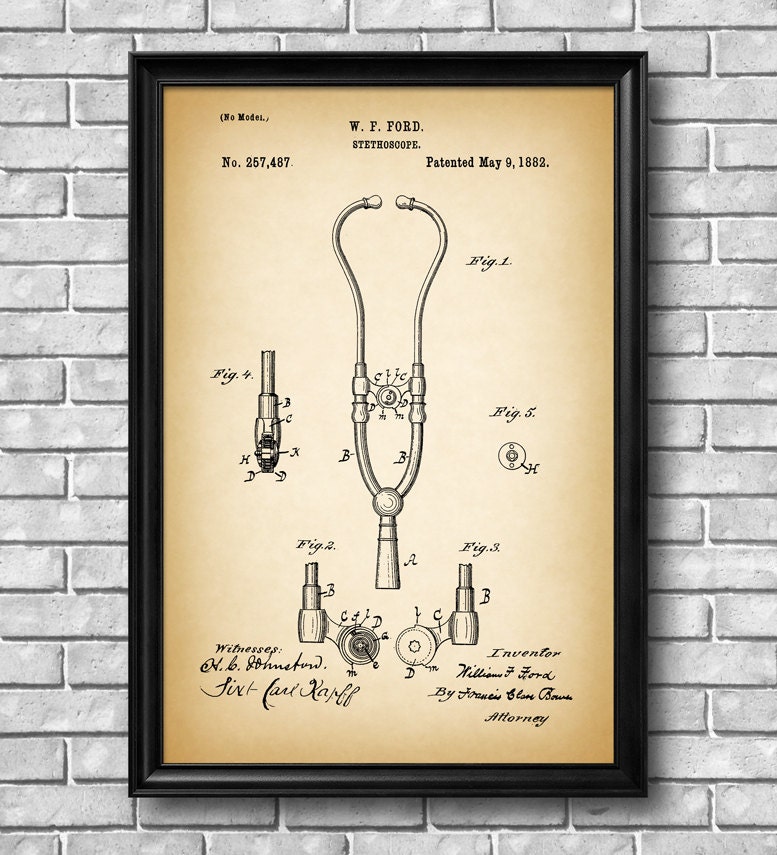Vintage 1882 "stethoscope" Patent Drawing, Retro Art Print Poster, Wall ...