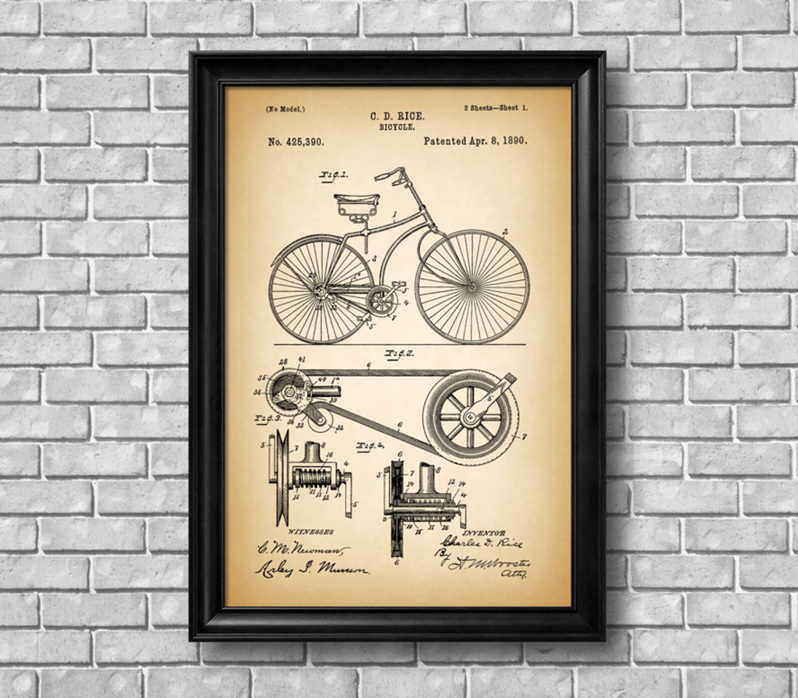 Vintage 1890 bicycle Patent Drawing, Retro Art Print Poster, Canvas ...