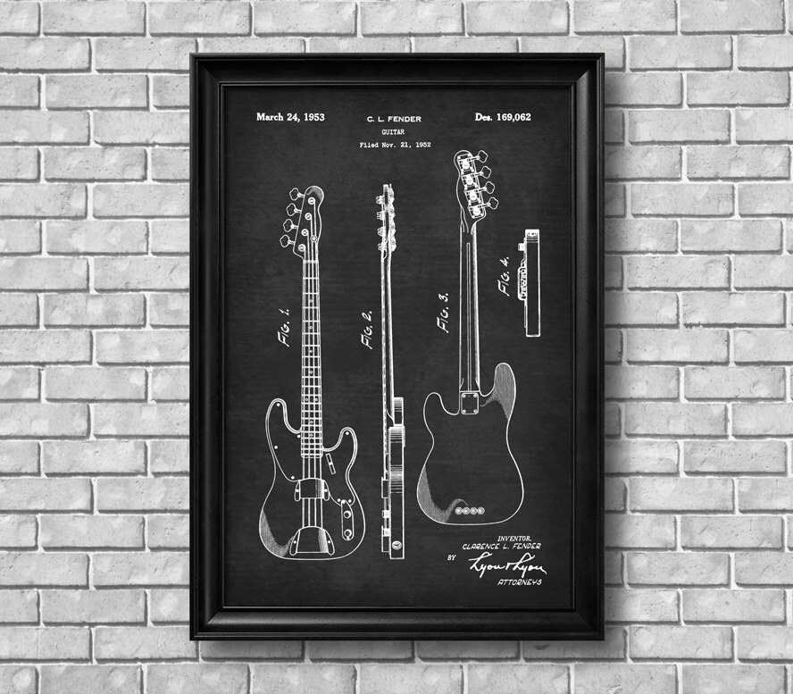 Vintage 1953 "guitar" by Clarence Fender, Patent Drawing, Retro Art ...