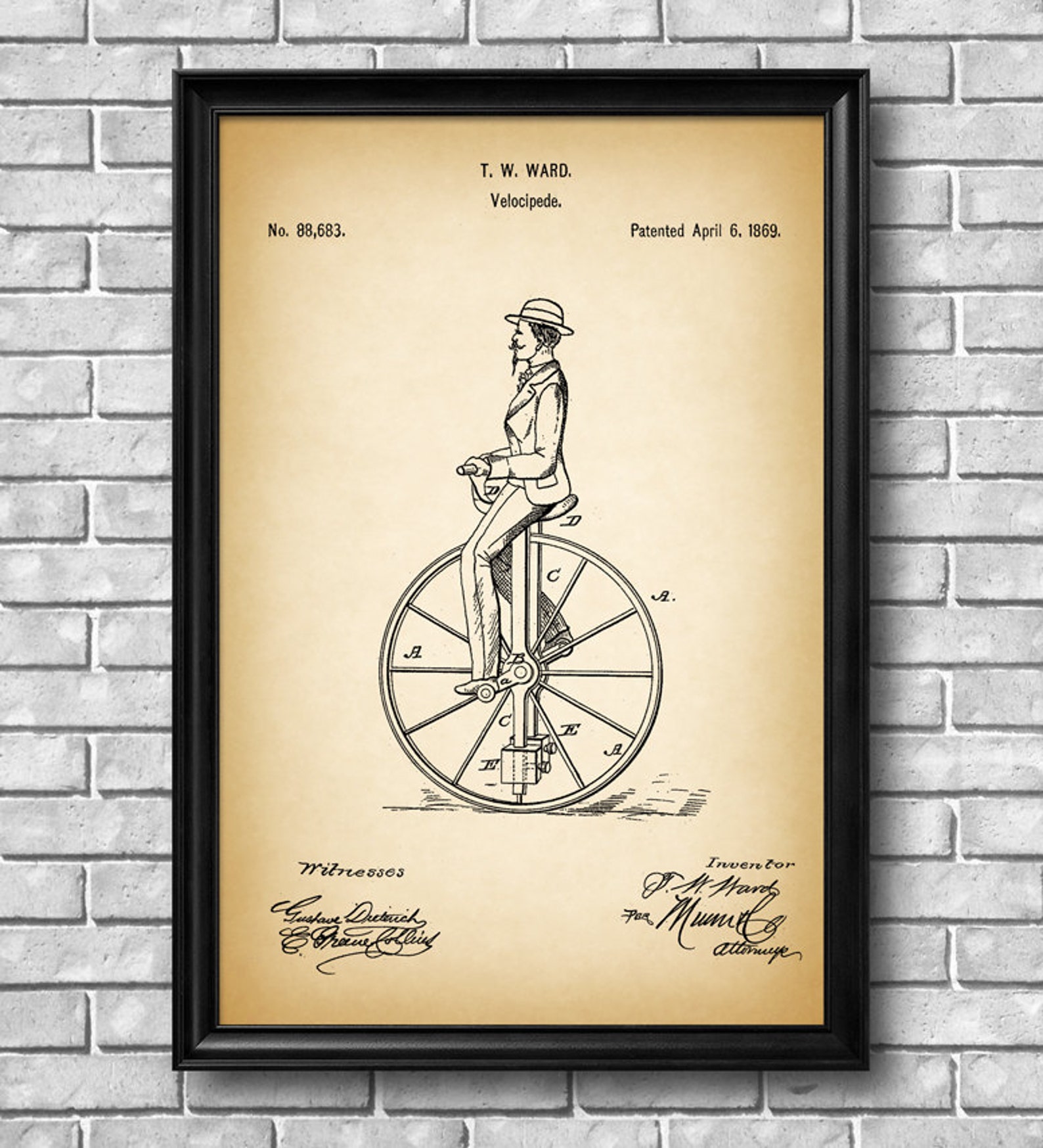 Vintage 1869 "velocipede" Patent Drawing, Retro Art Print Poster ...