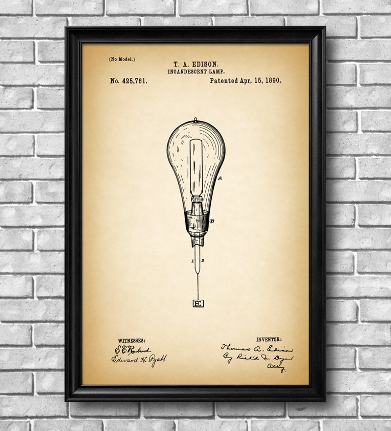 Vintage 1890 "lamp" by Thomas Edison, Patent Drawing, Retro Art Print ...