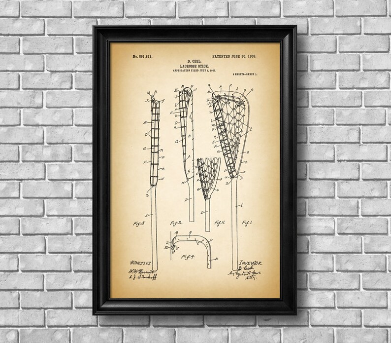 Vintage 1908 "lacrosse Stick" Patent Drawing, Retro Art Print Poster ...
