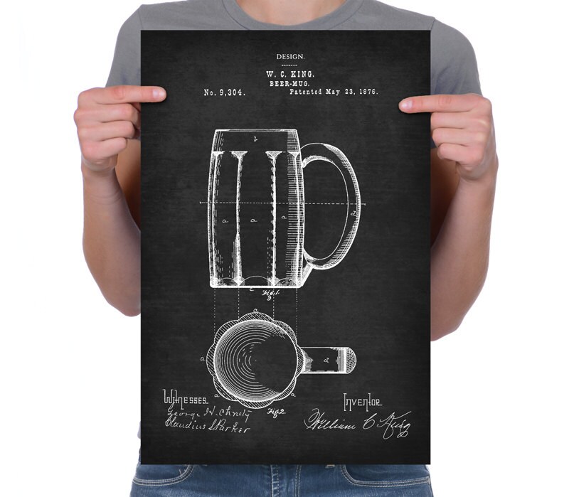 Vintage 1876 Beer Mug Patent Drawing Retro Art Print Poster Canvas Wall Art Home Decor Beer