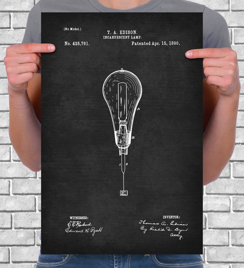 Vintage 1890 "lamp" by Thomas Edison, Patent Drawing, Retro Art Print ...